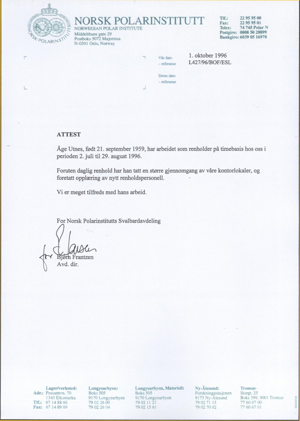 Norsk Polarinstitutt :: Renhold :: 1996 « annet arbeid « [ref]